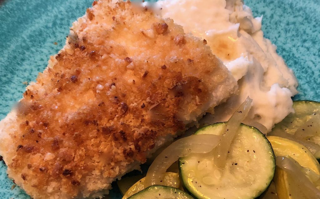 Macadamia Nut Crusted Halibut with Garlic Mashed Potatoes – The Scrappy ...